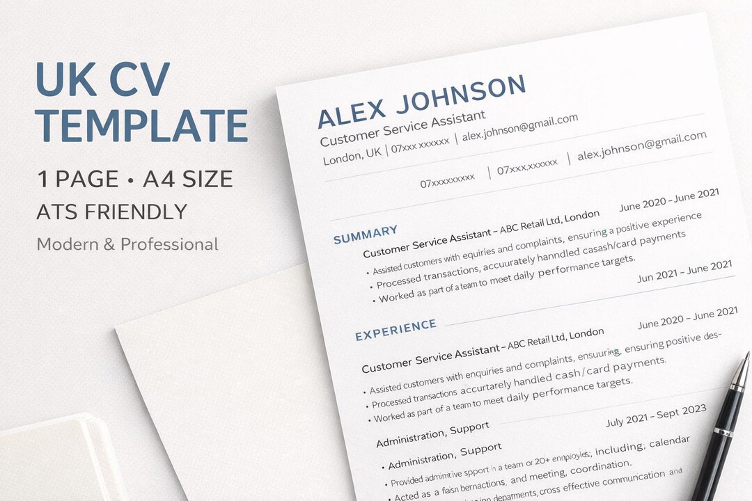 UK CV Template, 1 Page Modern Professional British Cv, A4 ATS Friendly ...