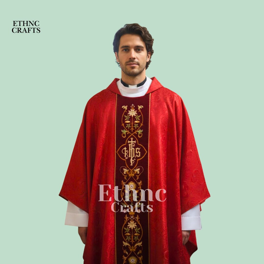 Red Catholic Chasuble Vestment, Custom Made Priest Chasuble With Gold ...