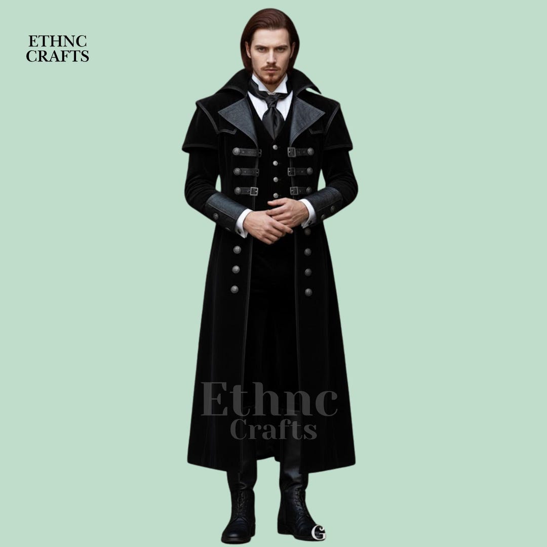 Black Velvet Gothic Men’s Long Coat | Victorian Steampunk Tailcoat ...