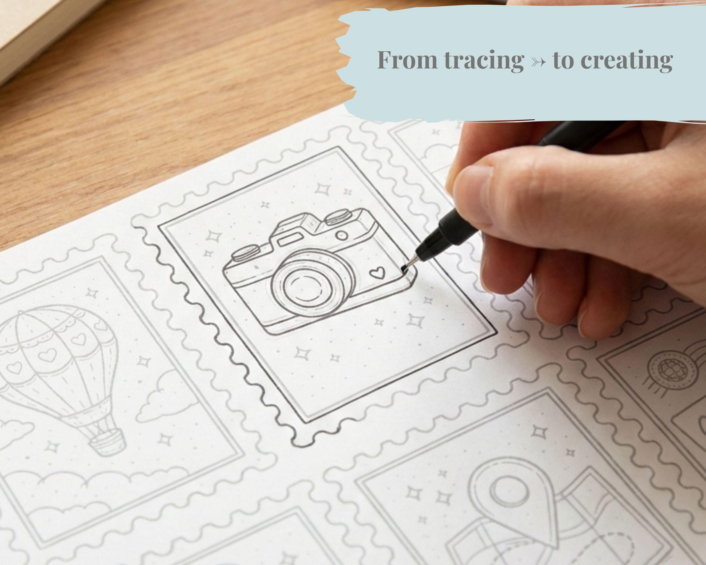 Vintage Stamp Trace & Draw Worksheet | Cozy Beginner Doodle Art (PDF ...