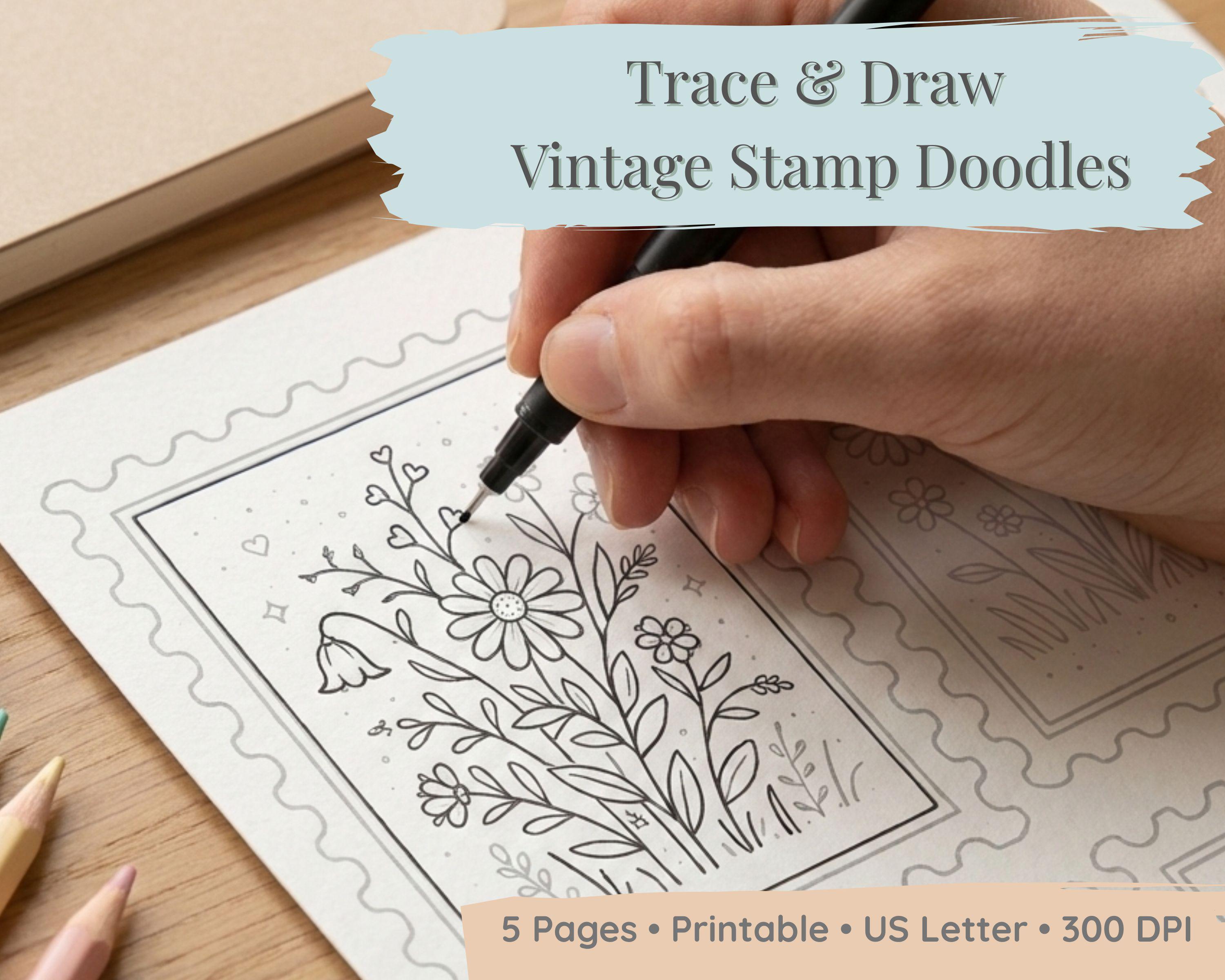 Vintage Stamp Trace & Draw Worksheet | Cozy Beginner Doodle Art (PDF ...