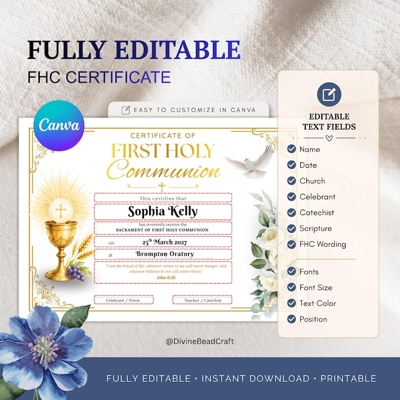 Editable First Holy Communion Certificate Template | Canva Printable ...