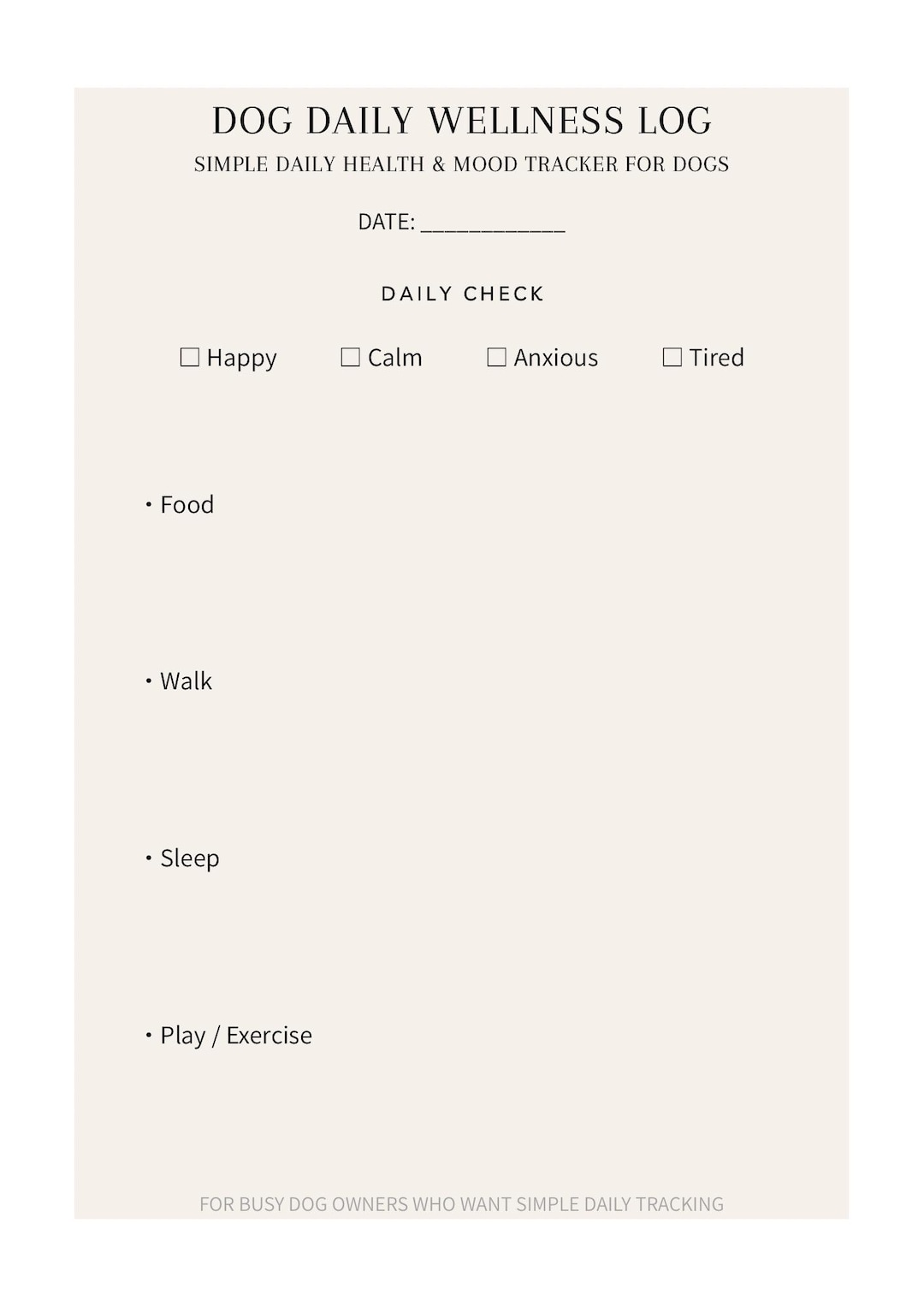Dog Daily Wellness Log Printable | Simple Dog Health & Mood Tracker ...