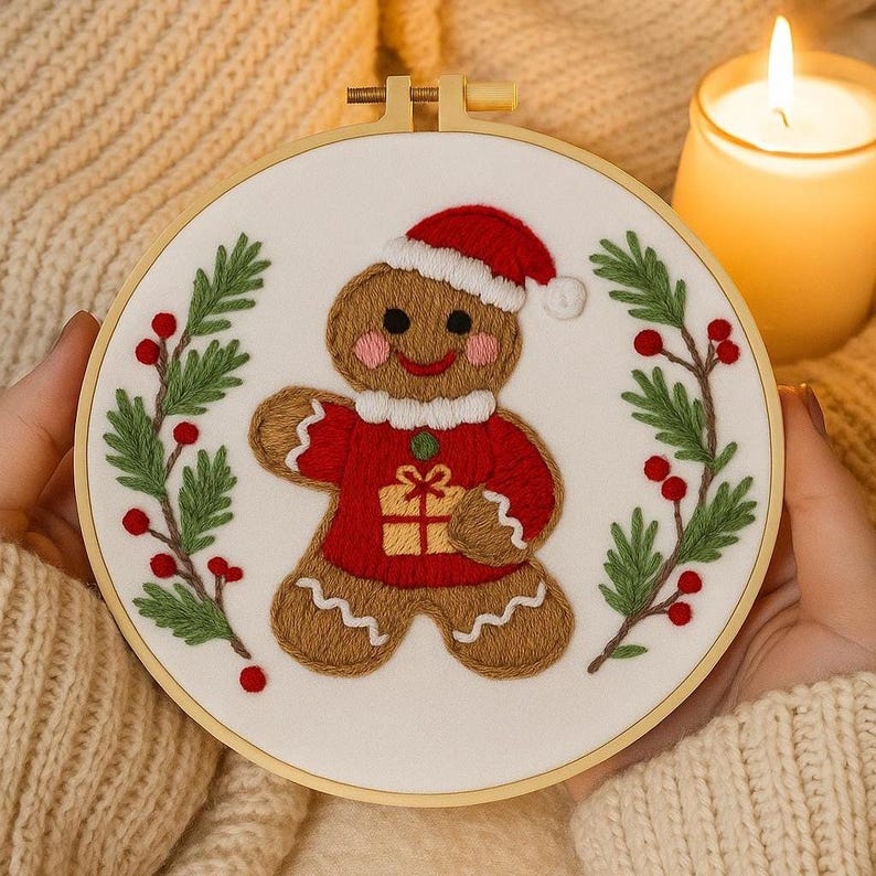 Christmas Gingerbread Man Embroidery Kit, DIY Needlepoint Hoop Art - Etsy