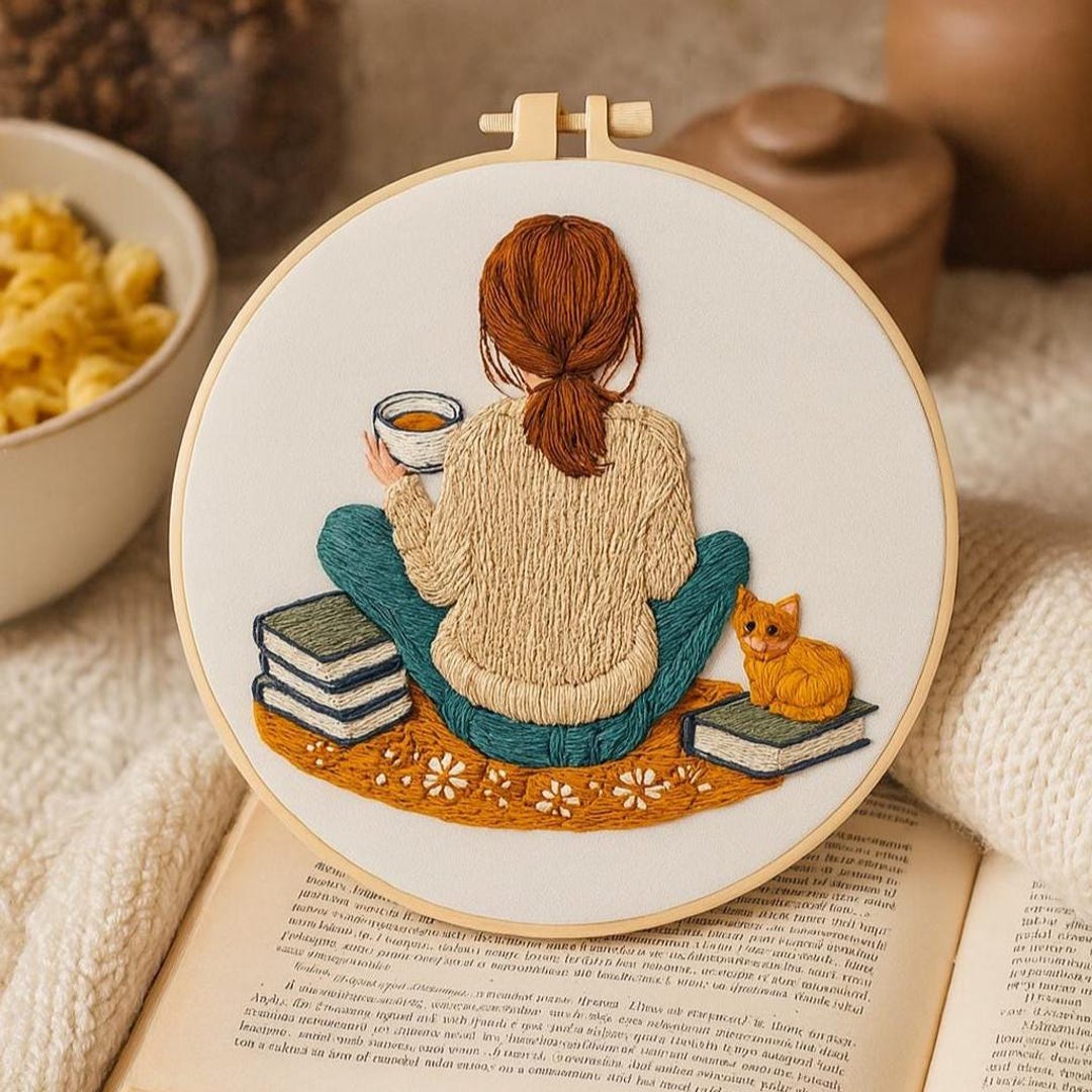 Cozy Girl With Book Embroidery Kit, DIY Needlework Craft, Hand-stitched ...