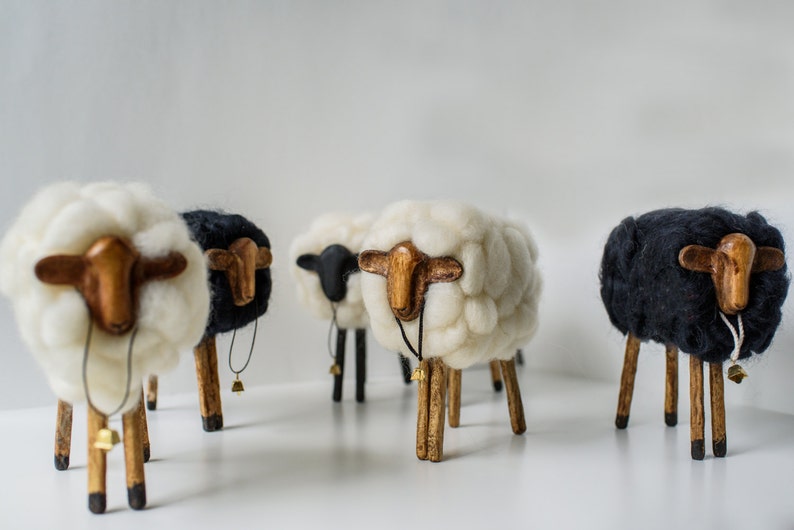 Wooden sheep hand carved and decorated with roving merino wool | Etsy