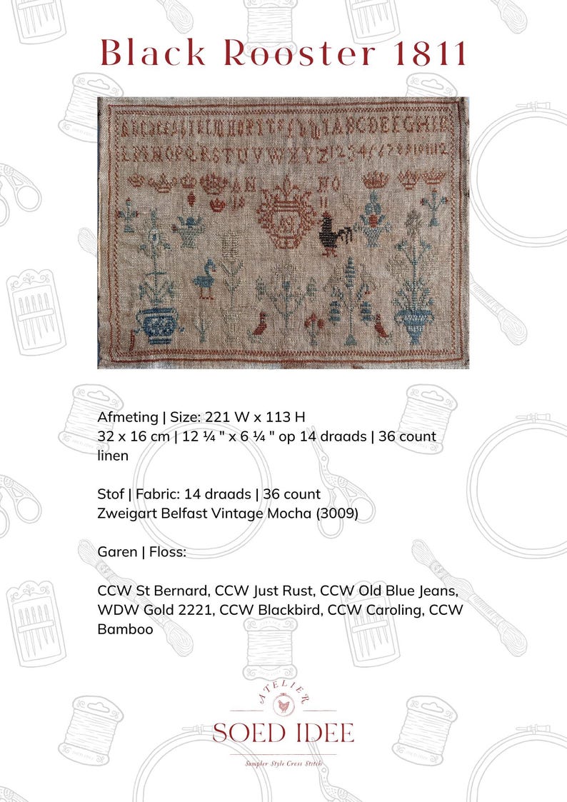 Black Rooster 1811 Dutch Sampler Cross Stitch Pattern PDF ...