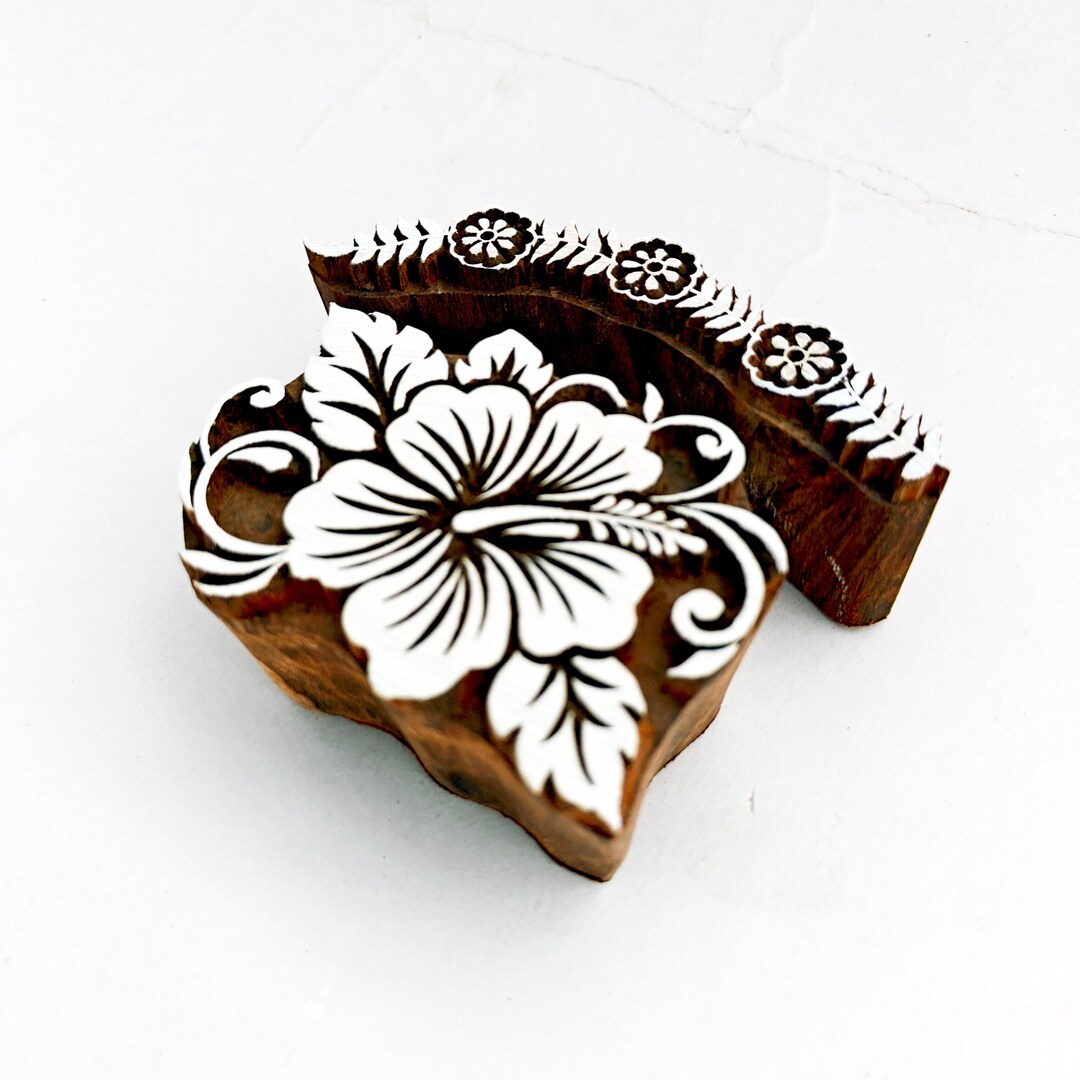 Hibiscus Flower and Border Wooden Printing Block Set for Fabric, Clay ...