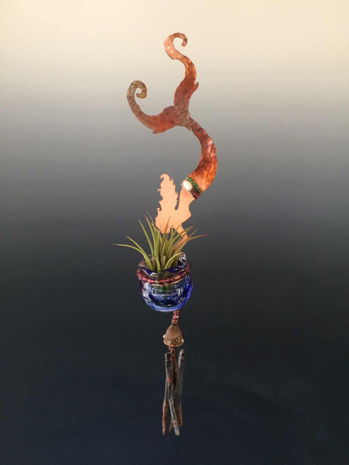 Copper Mermaid With Hand Blown Glass Bottle & Obsidian Wind | Etsy