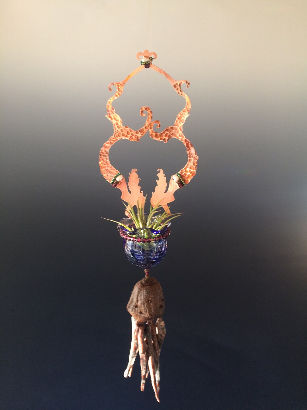 Twin Copper Mermaids With Hand Blown Glass Bottle & Large Obsidian Wind ...