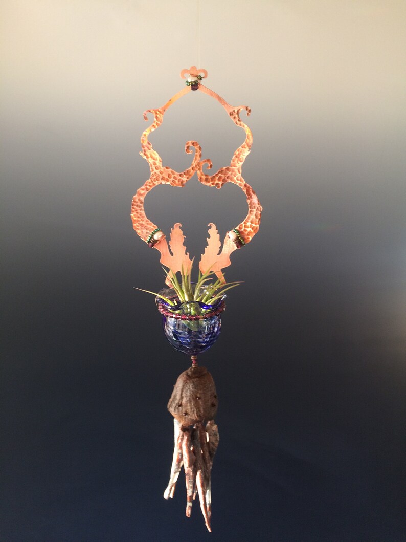 Twin Copper Mermaids With Hand Blown Glass Bottle & Large Obsidian Wind ...