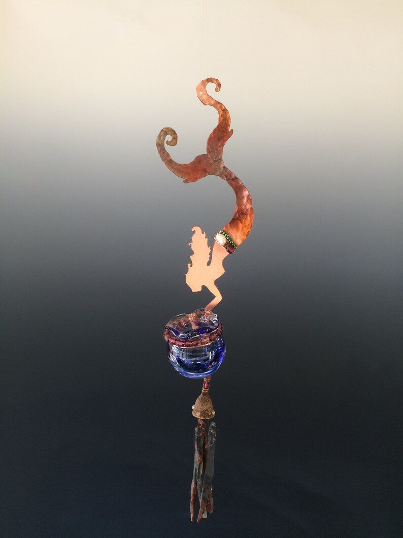Copper Mermaid With Hand Blown Glass Bottle & Obsidian Wind Chimes ...