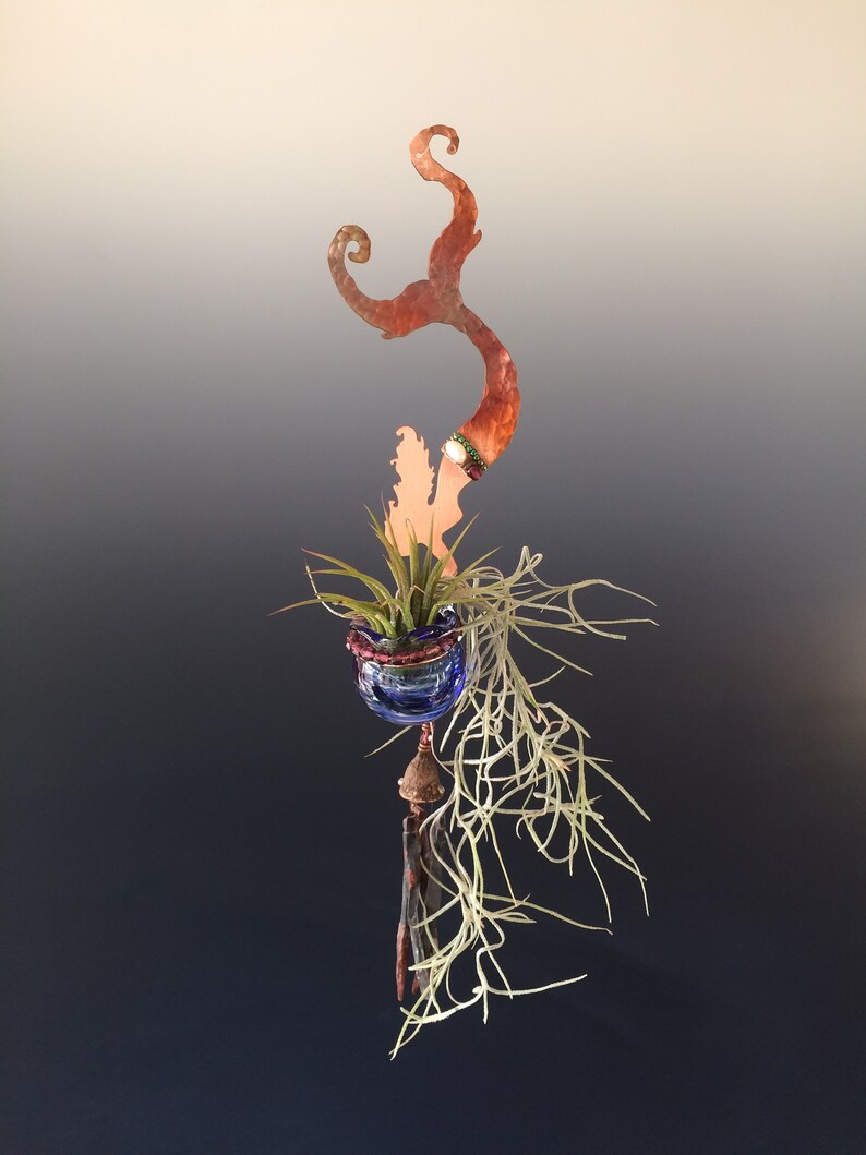 Copper Mermaid With Hand Blown Glass Bottle & Obsidian Wind Chimes ...