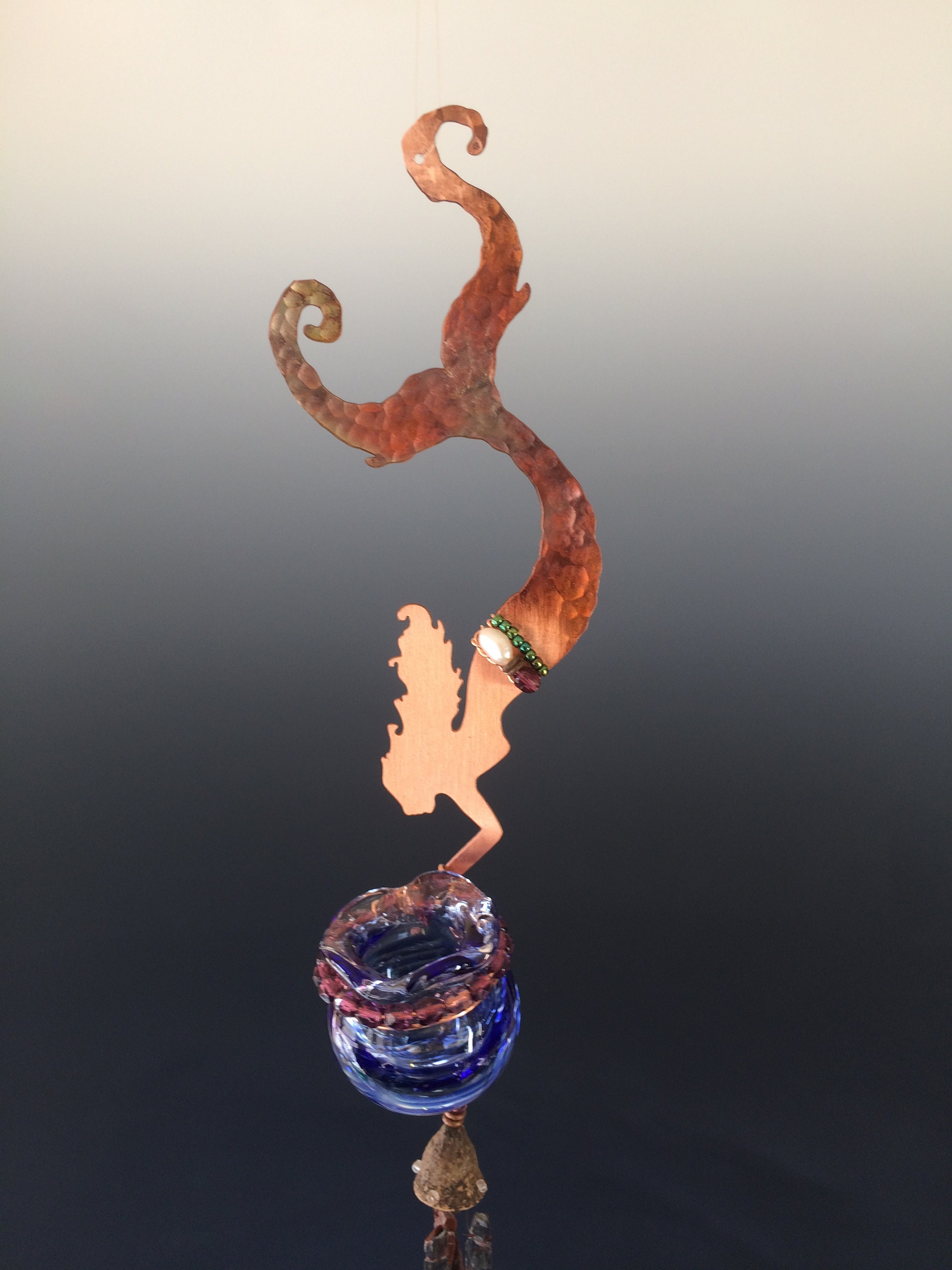 Copper Mermaid With Hand Blown Glass Bottle & Obsidian Wind Chimes ...