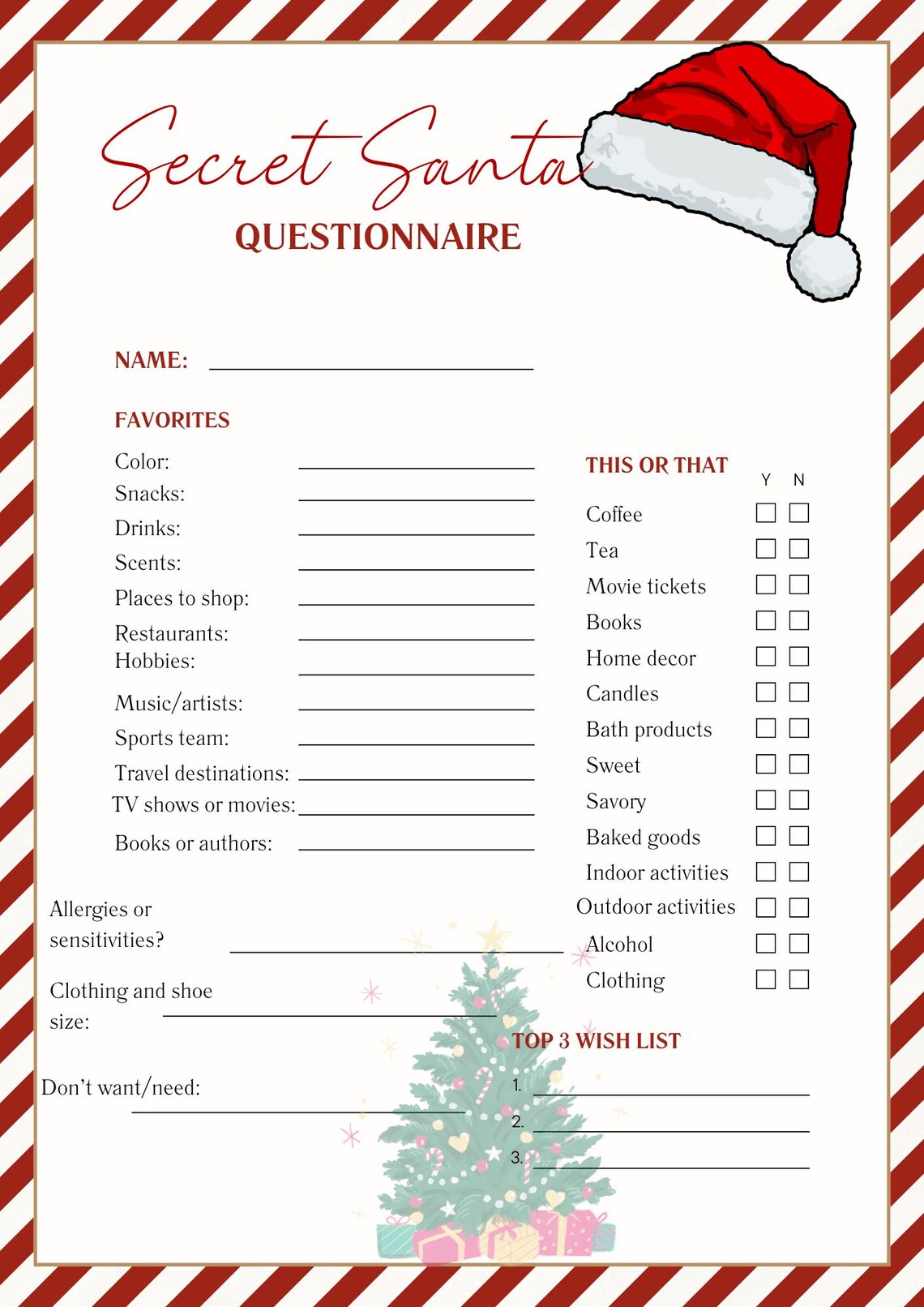 Secret Santa Questionnaire, Work Party, Gift Exchange, Christmas Wish ...