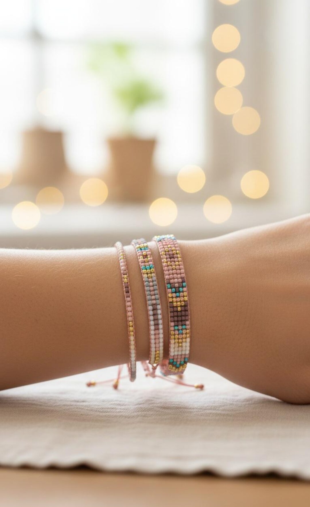 TOHO Seed Bead Stacking Bracelet Set | Blush Pink & Blue Woven Aztec ...
