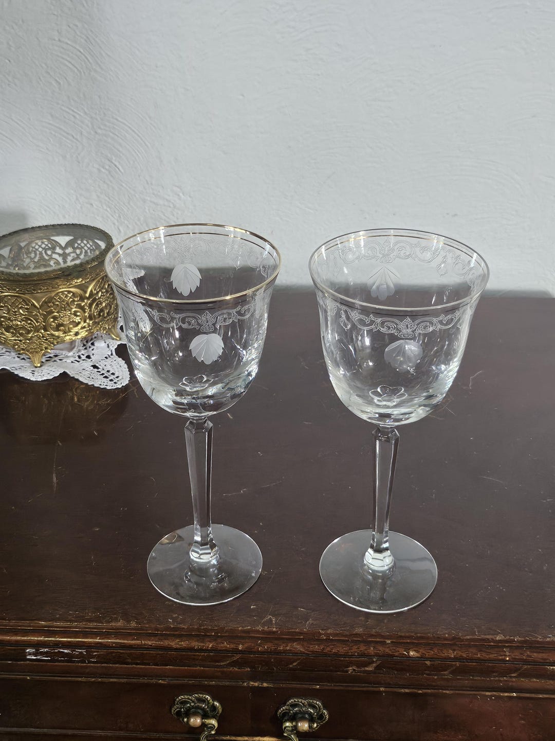 Vintage Etched Wine Glass Pair — Floral Scroll Pattern With Faded Gold ...
