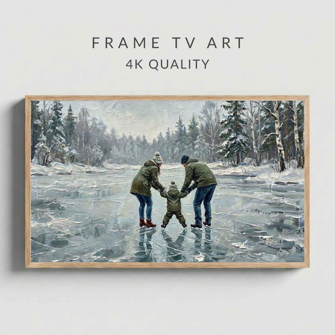 Winter Family Ice Skating Frame Tv Art Frozen Lake Forest Scene, Heavy ...