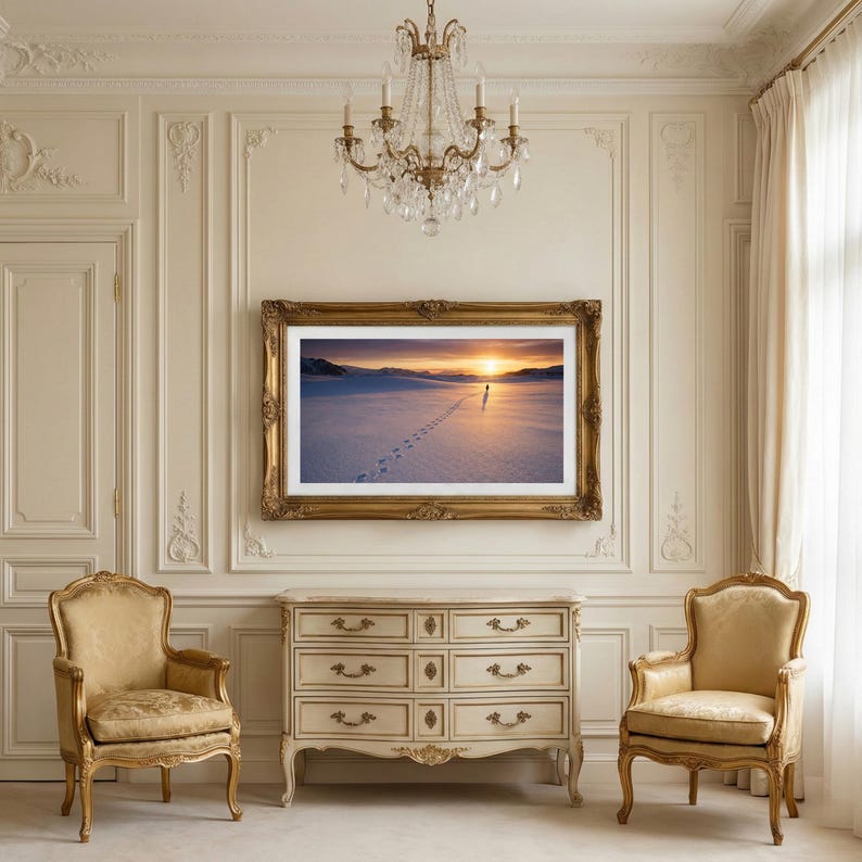 Nihilist Penguin Frame TV Art, Footprints in Snow at Sunset, Antarctic Landscape, Vintage Oil ...