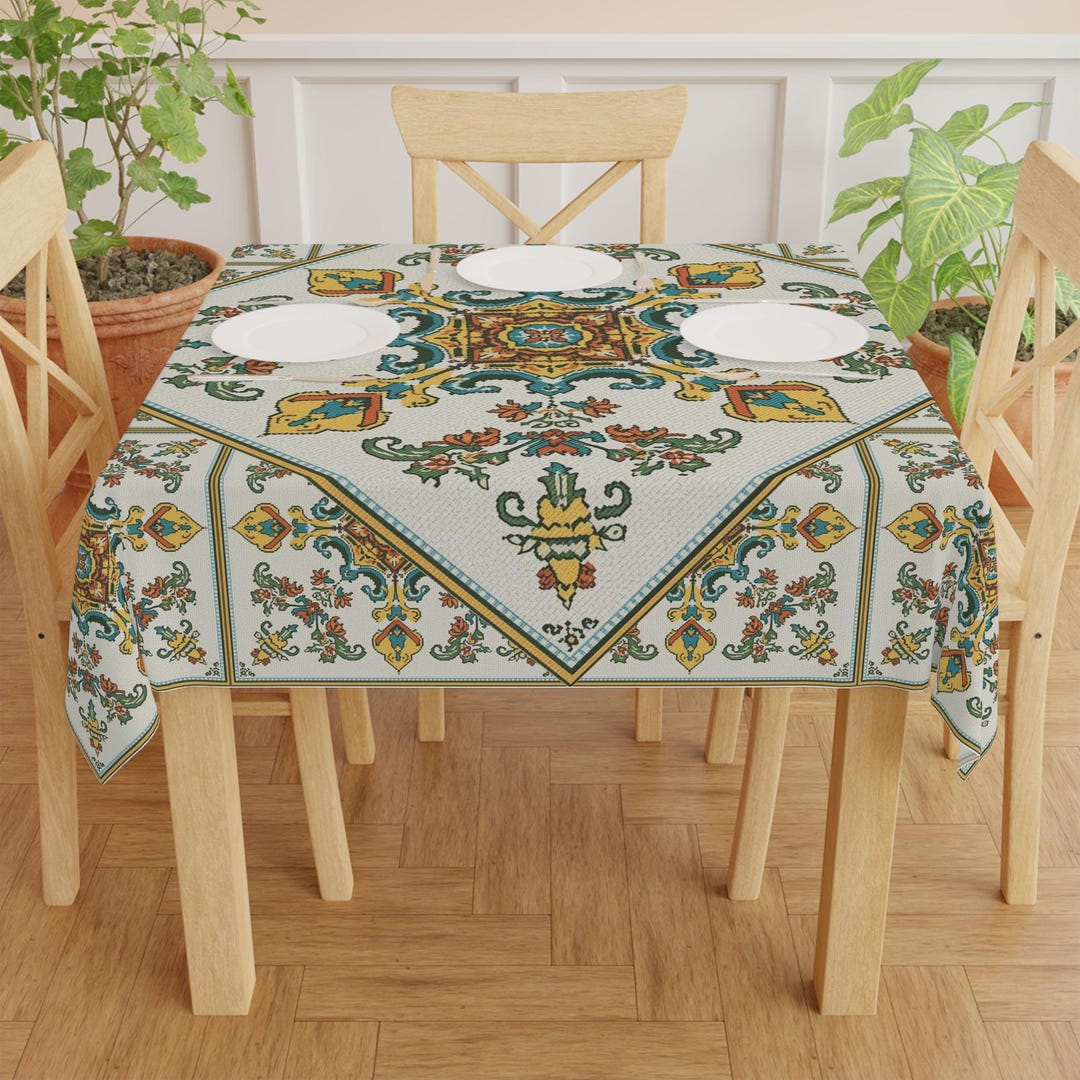 Vintage Mediterranean Tile Pattern Tablecloth Ornamental Geometric ...