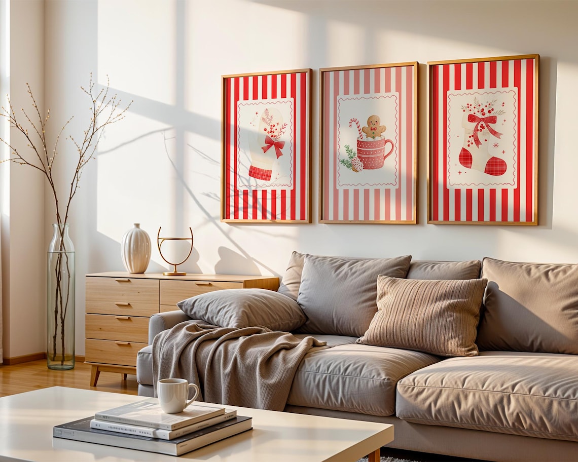 Set di 3 poster natalizi / Stampa a righe di caramelle / Tazza di pan ...