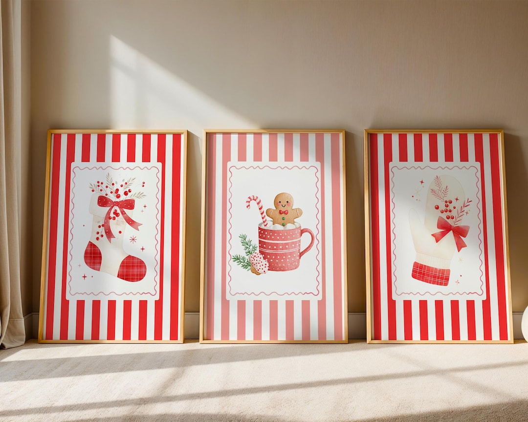 Set di 3 poster natalizi / Stampa a righe di caramelle / Tazza di pan ...