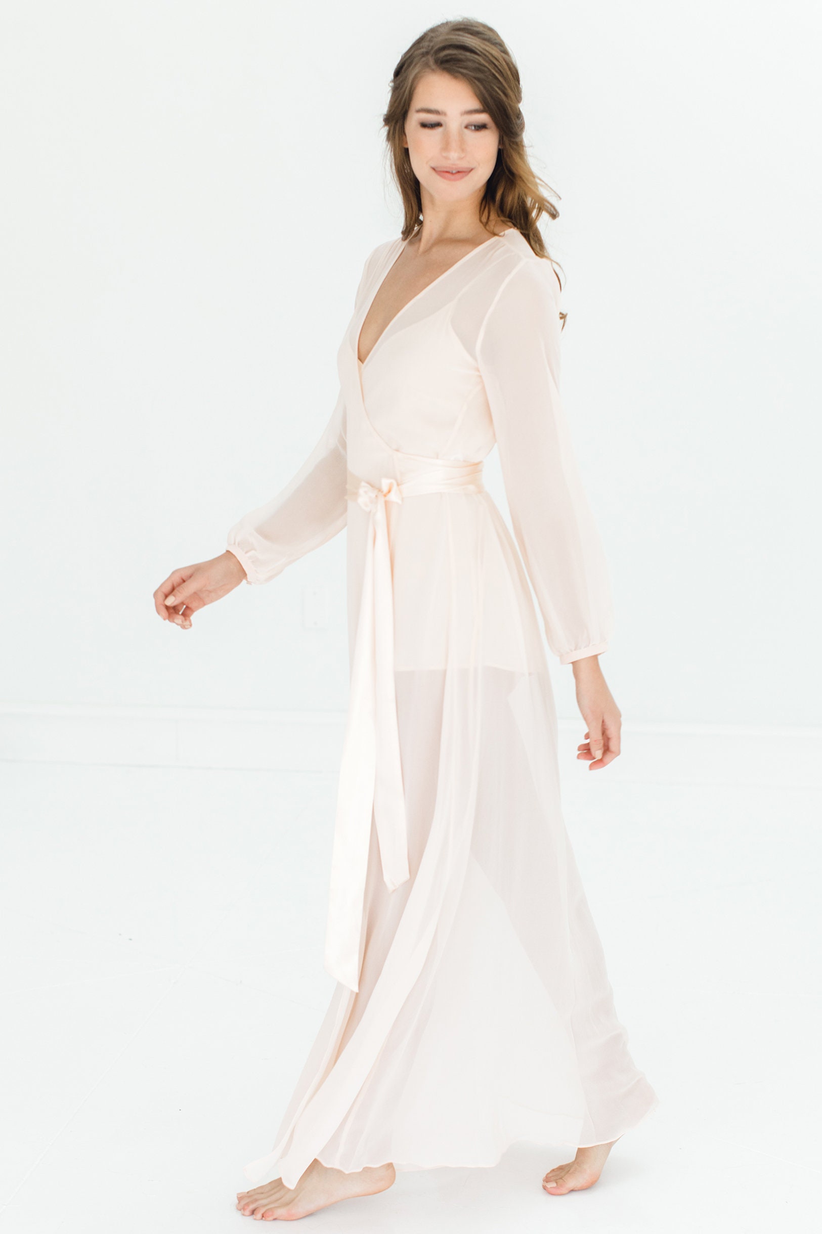 Nina Silk Chiffon Wrap Robe in Blush Pink or Ivory; Ankle Length, Long ...