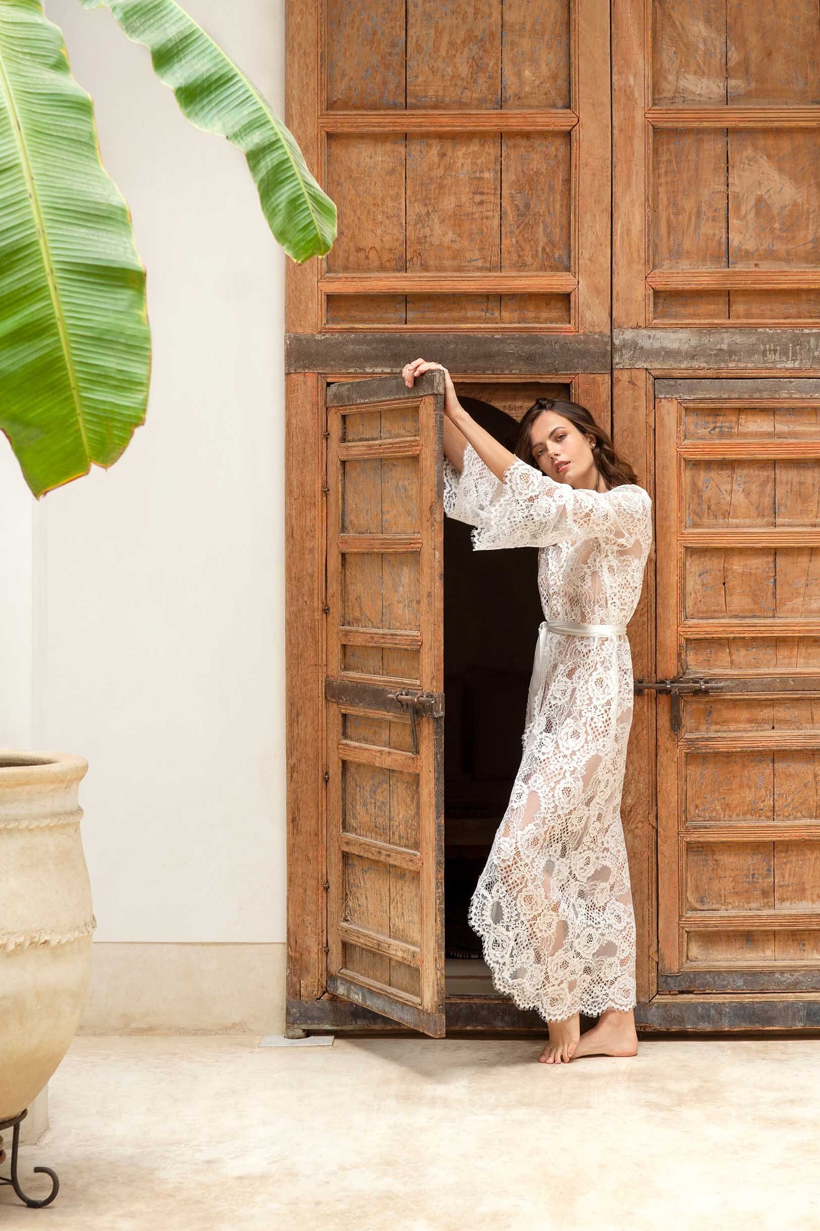 Rosalia Lace Robe in Ivory; Long, Scalloped Hem Bridal Robe; Romantic ...