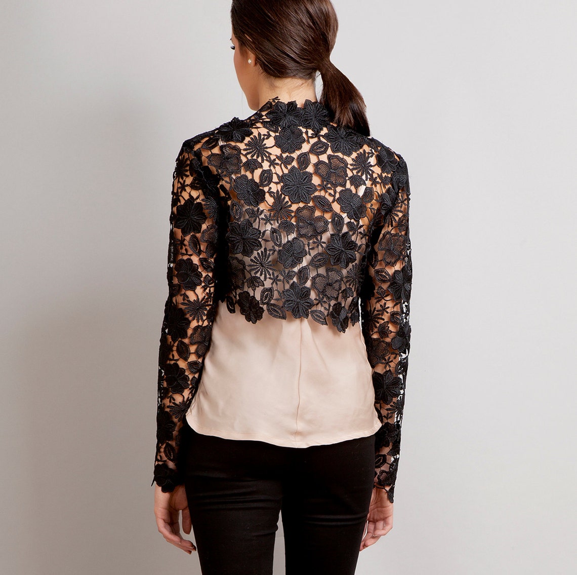 Krista Long Sleeve Lace Bolero in Black; High Neck, Guipure Lace ...
