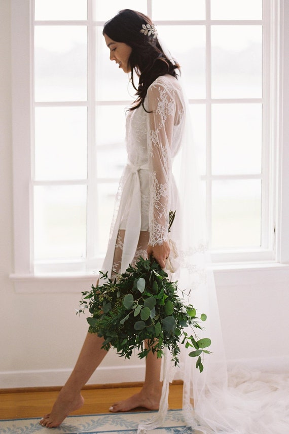 Camellia Sheer Lace Bridal Robe in Ivory or Black French Lace - Etsy