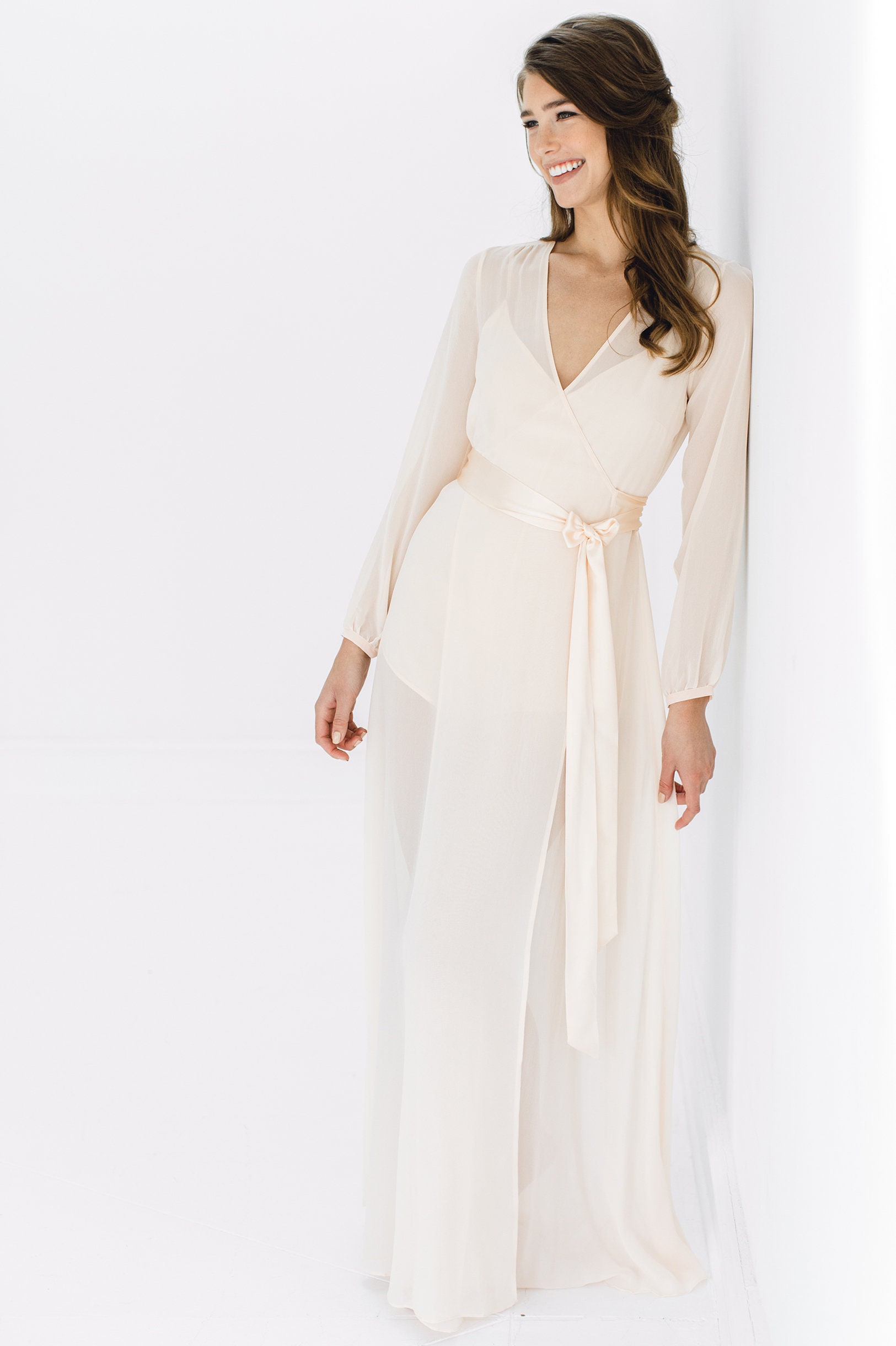 Nina Silk Chiffon Wrap Robe in Blush Pink or Ivory; Ankle Length, Long ...