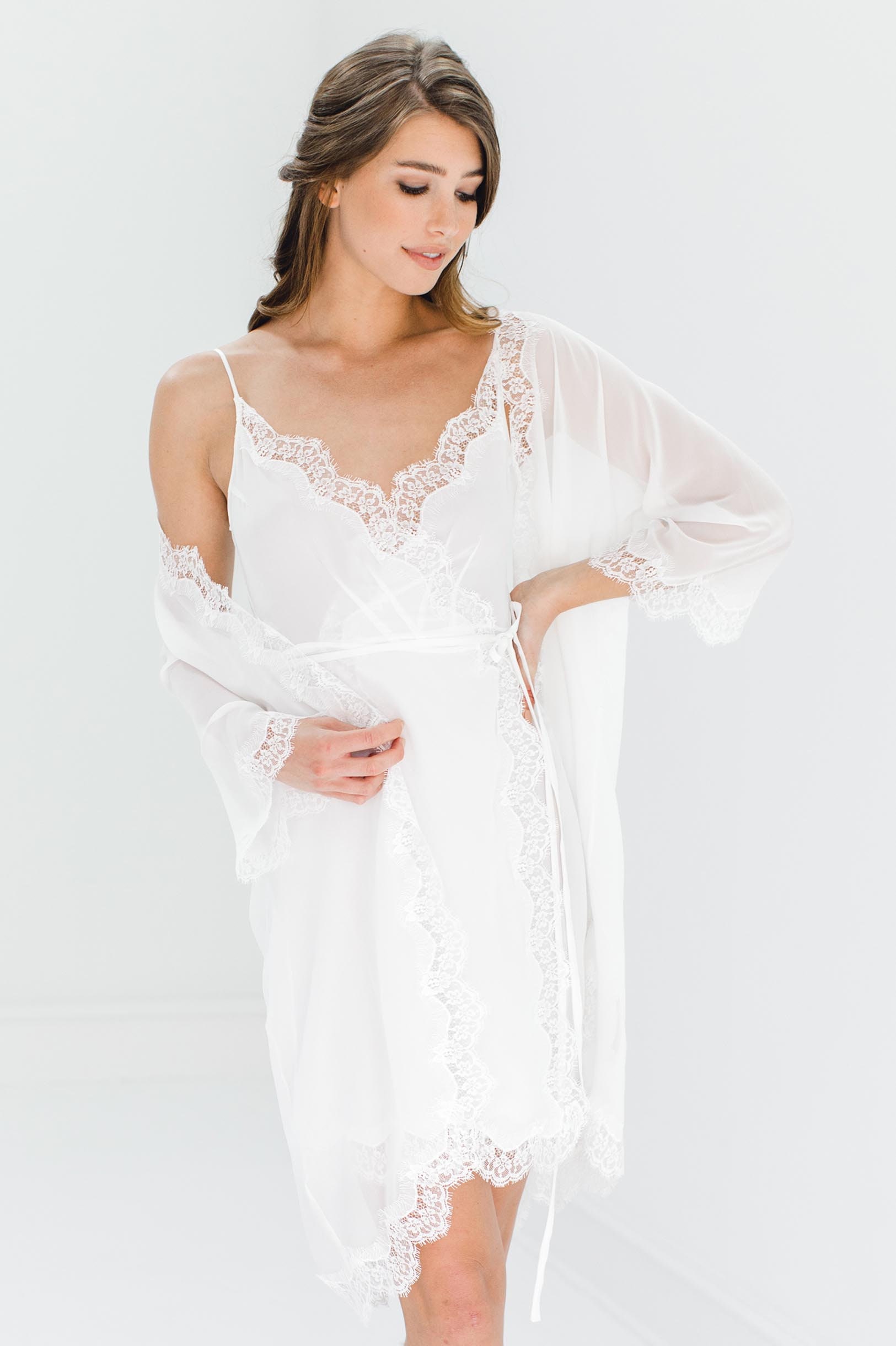 Lille Silk & Lace Wrap Slip in Ivory White Lace Trimmed Knee Length ...