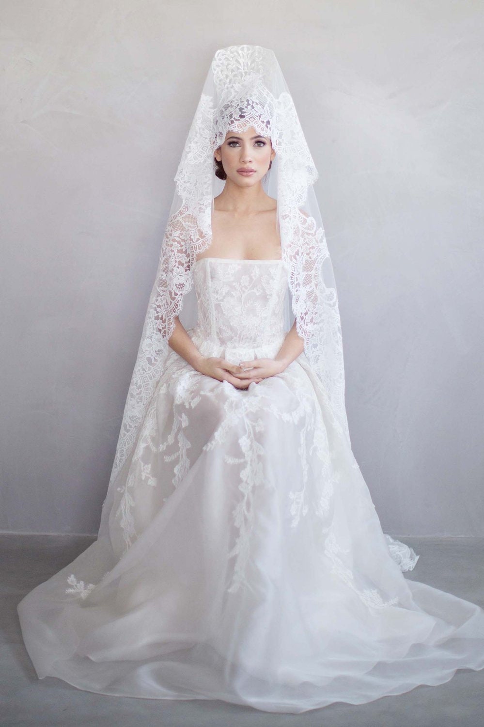 Madrid French Lace Mantilla Veil in Ivory or Off-white; Wide Border ...