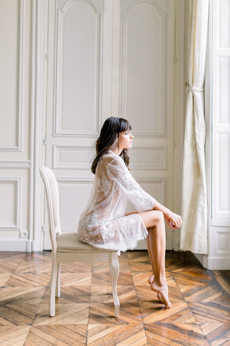 Boudoir Lace Robe in Ivory Sheer Floral White Lace Short | Etsy