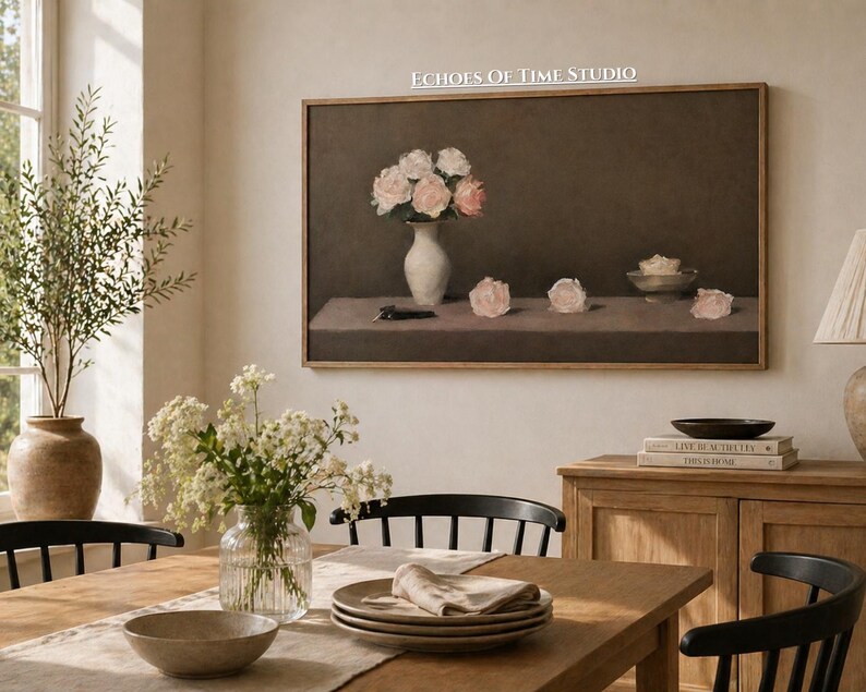 Vintage Rose Still Life Digital Print, Blush Floral Frame Tv Art, Oil ...