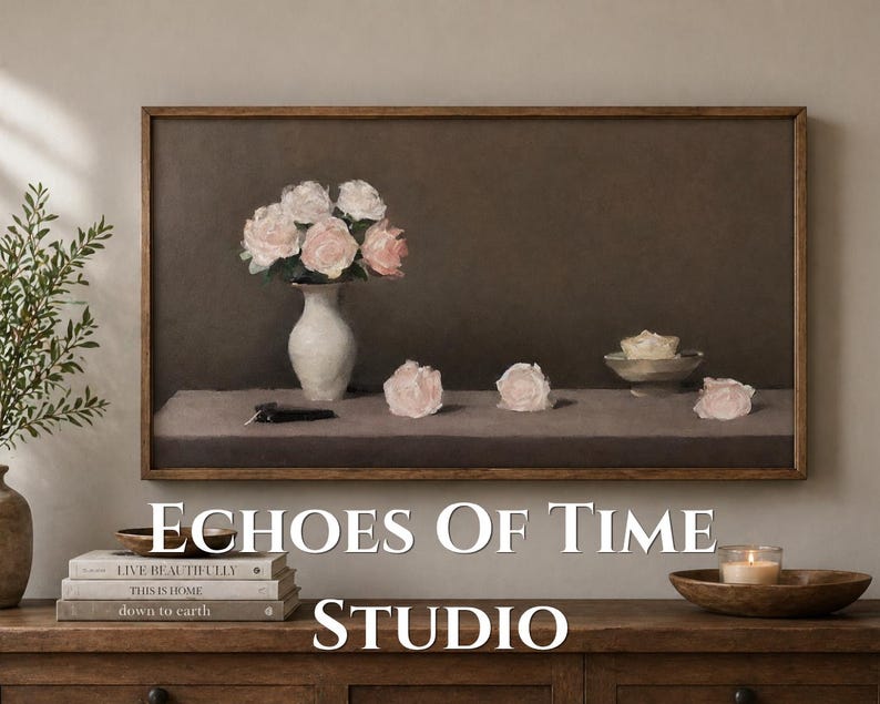 Vintage Rose Still Life Digital Print, Blush Floral Frame Tv Art, Oil ...