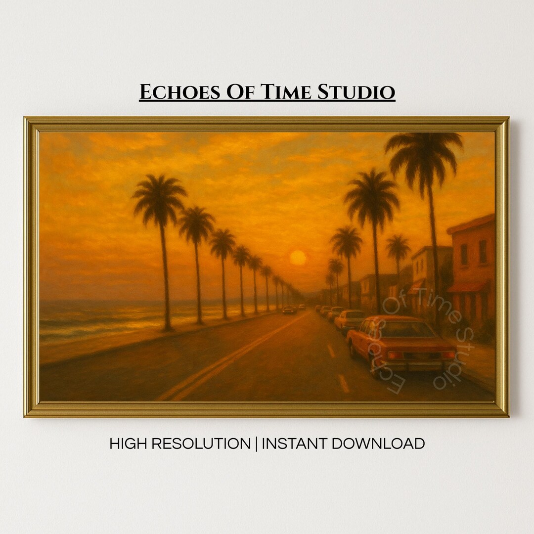 1980s Coastal Sunset Oil Painting – Retro Palm Drive Print (digital ...