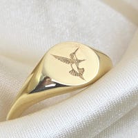 14K Solid Gold Dove Signet Ring, Dove With Olive Branch Charm ...