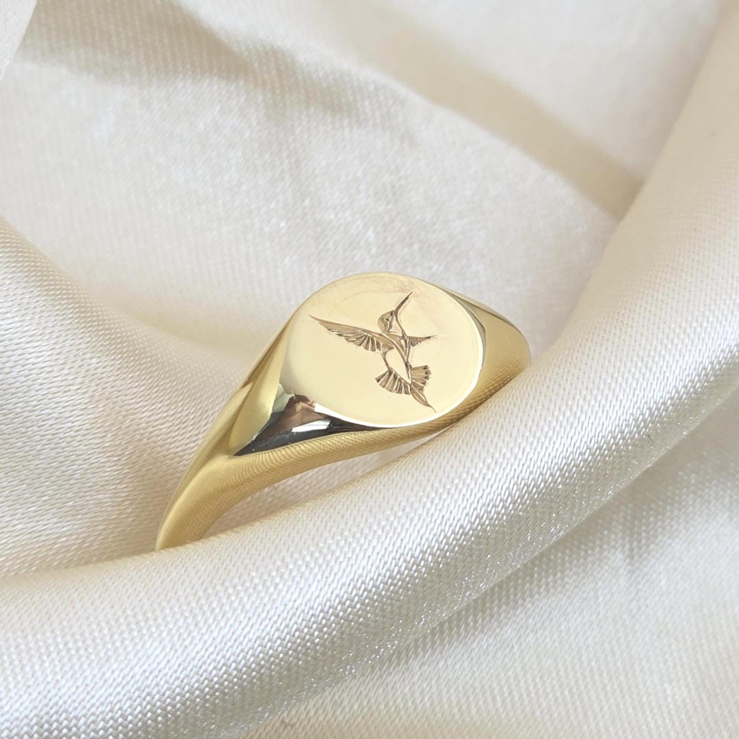Hummingbird Engraved Signet Ring: Gold Plated Sterling Silver, Nature ...