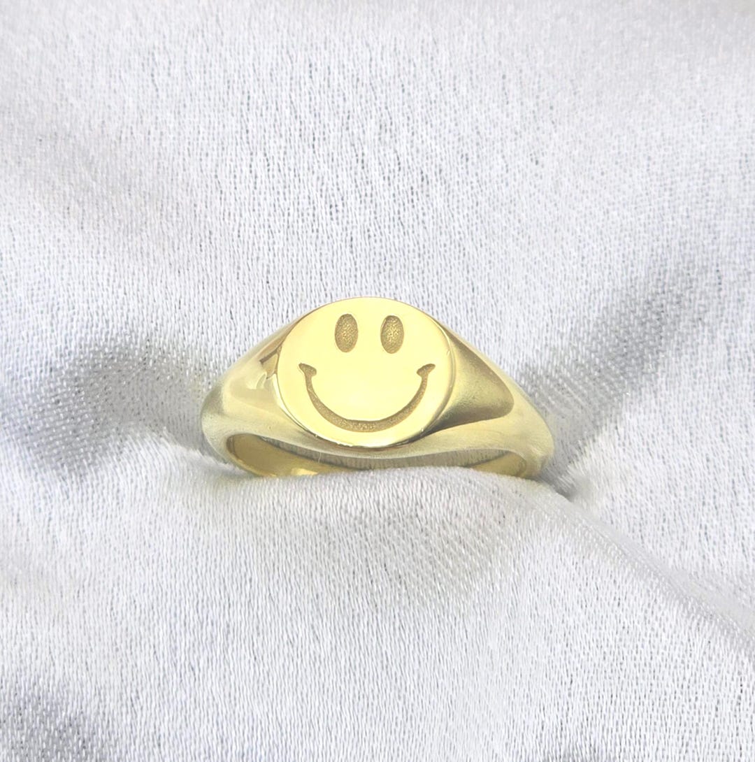 Smiley Signet Ring- Sterling Silver Ring-gold Smiley Face Ring-happy ...