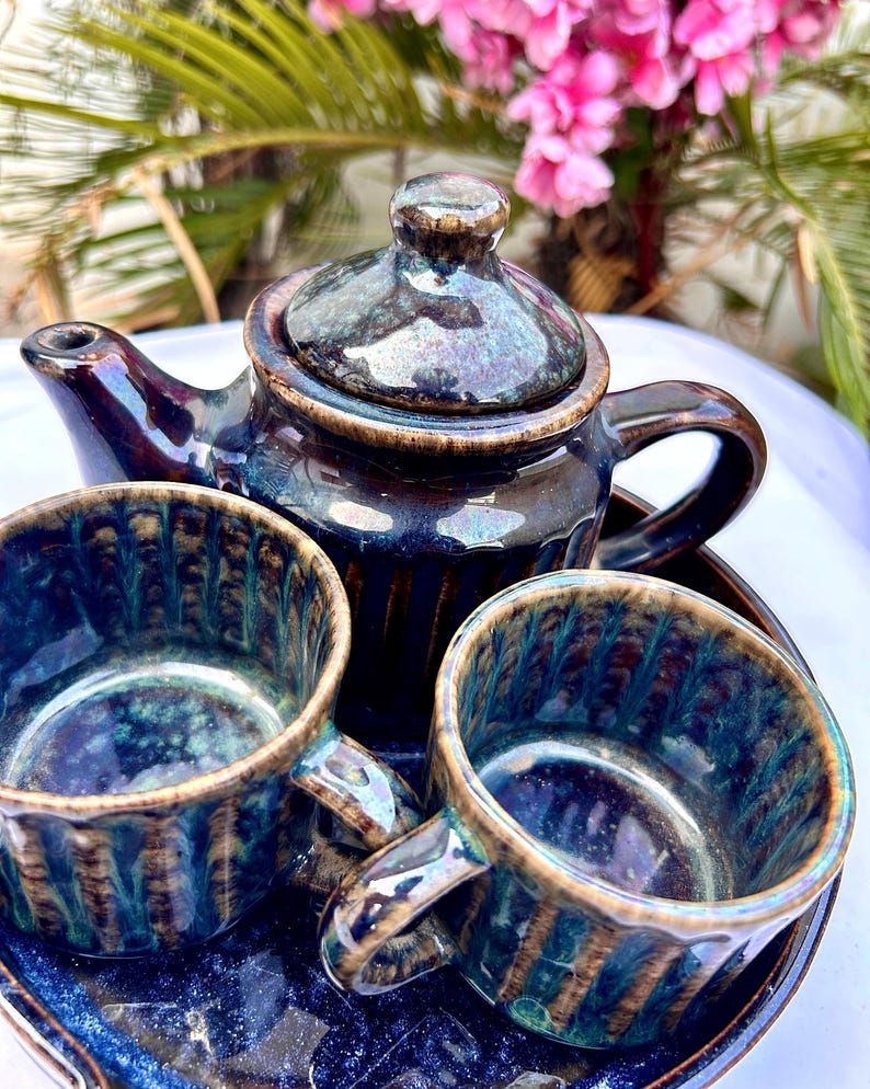 Handmade Blue Ceramic Tea Set ,artisan Pottery, Teapot With Tray and ...