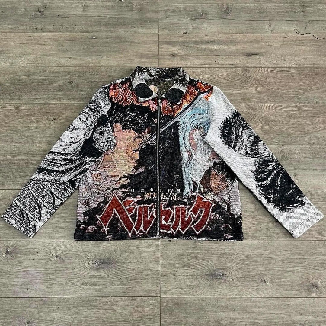 Anime Tapestry Woven Streetwear Hoodie Zip up Sweatshirt Berserk Guts ...