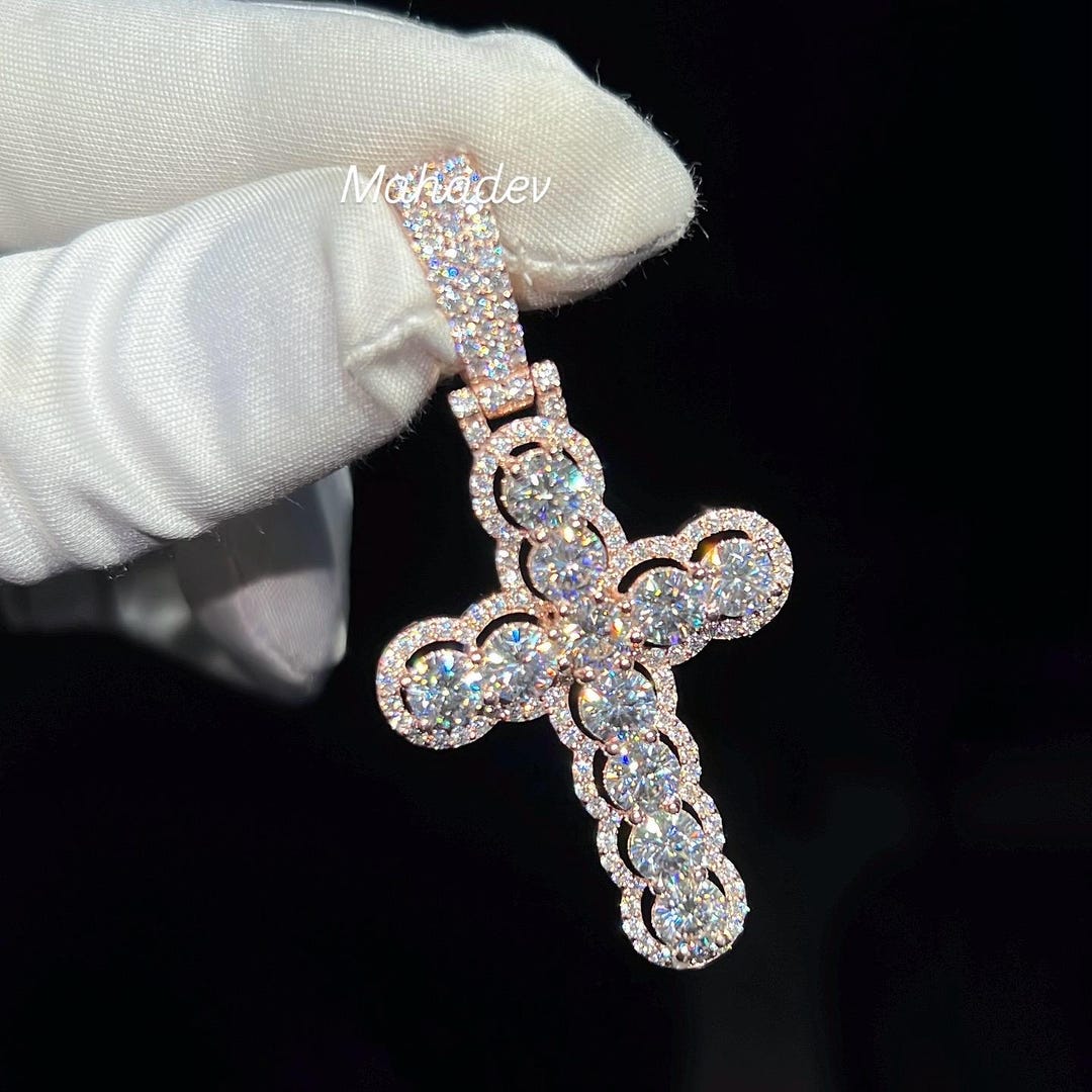 Iced Out Real VVS Lab Grown Diamond Cross Charm Necklace 14K Yellow ...