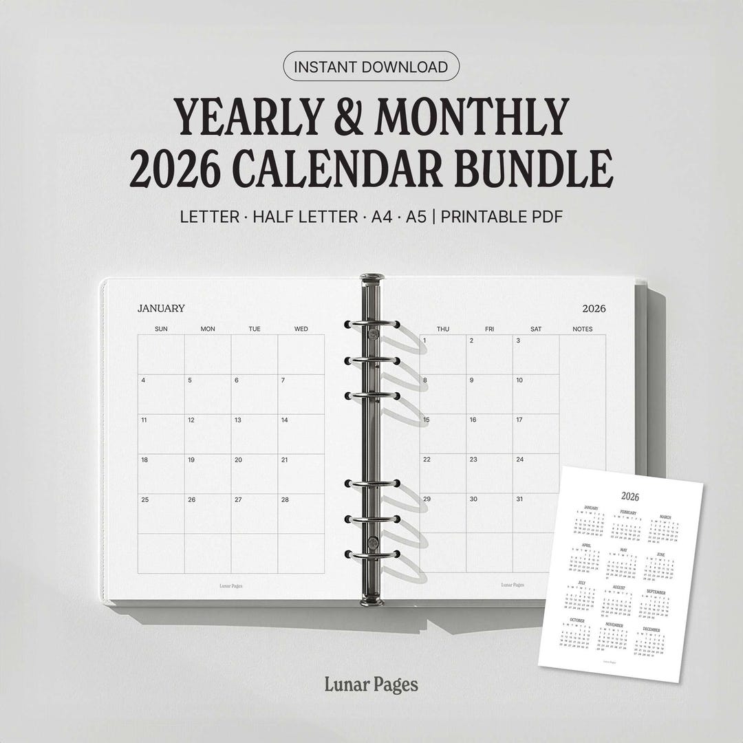 2026 Yearly Calendar & Monthly Planner | Year at a Glance Template ...