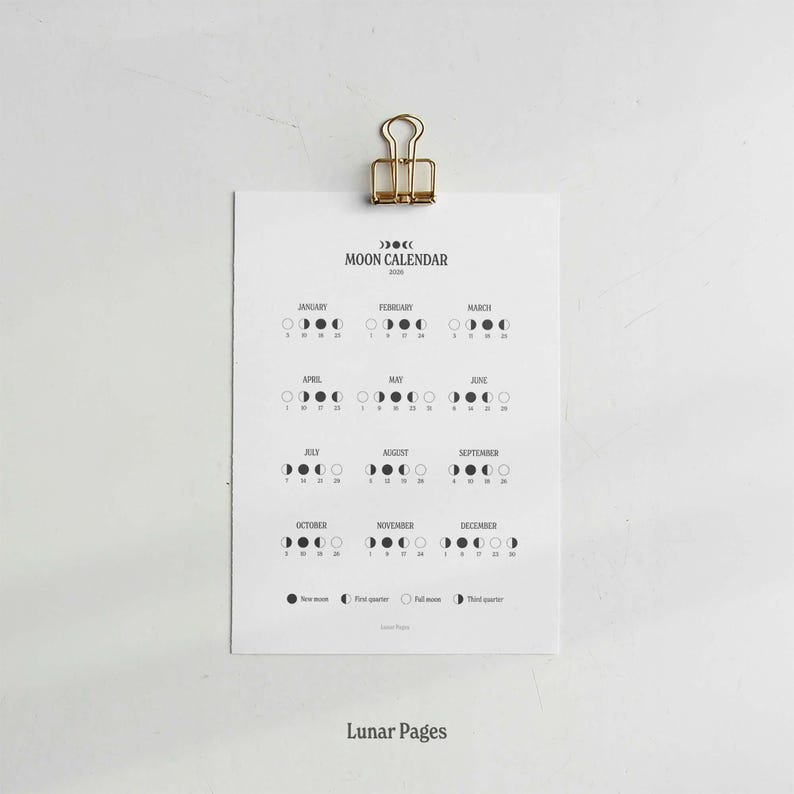 Moon Calendar 2026 | Lunar Phase Calendar Printable | Minimalist ...