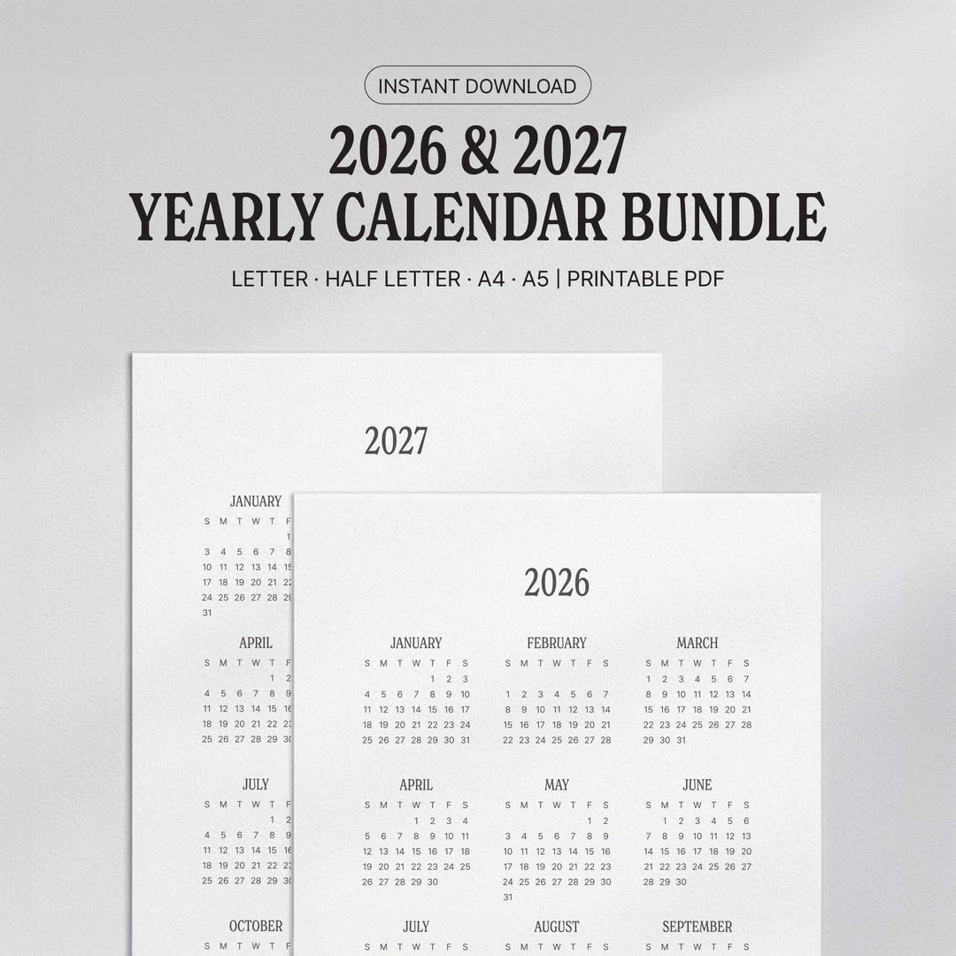 2026-2027 Yearly Calendar Printable | Full Year at a Glance Calendar ...