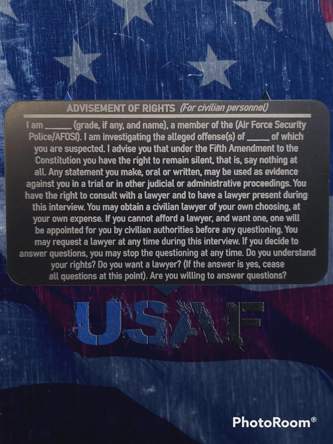 Thinlineengraving US Air Force Rights Advisement Metal Card – Military ...