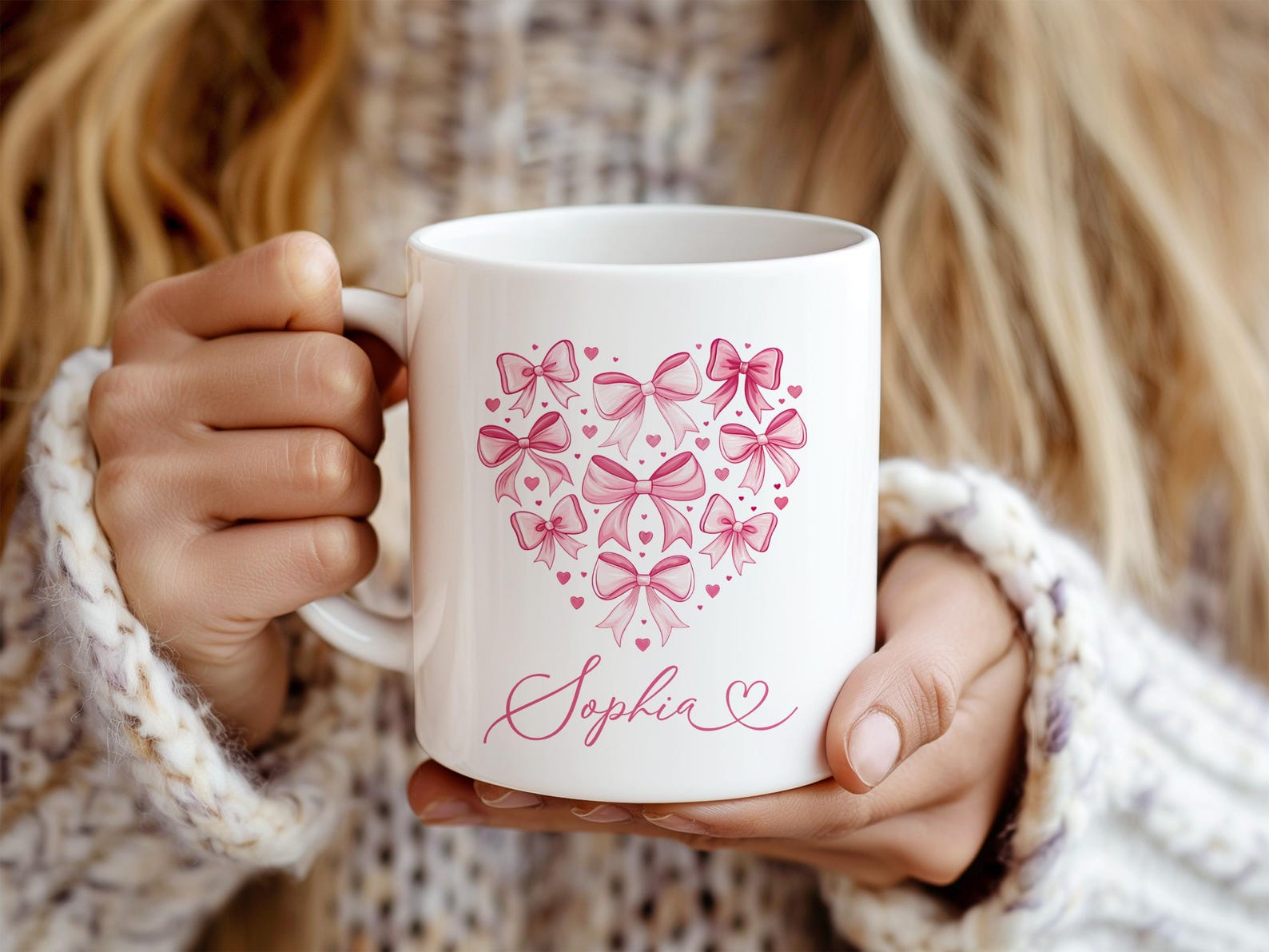 Personalized Love Mug, Custom Name Heart Mug, Pink Coquette Bow Coffee ...