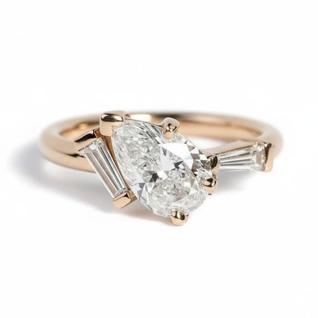 3-stone Pear Ring With Tapered Baguette - Etsy