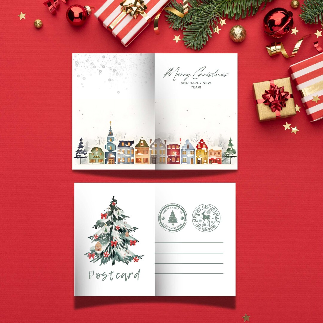 Snowy City Christmas Card Printable, A5 Holiday Greting Card, Winter ...